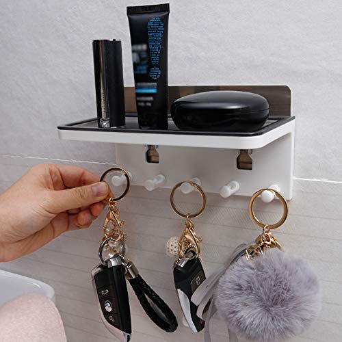 JDGOOMA Wall Mount Entryway Storage Organizer Small Stick On Key Holder Mail Letter Sorter Adhesive Wall Shelf with 5 Hooks -Leash,Keys Holder for Entryway,Mudroom,Hallway,Kitchen(Gray)