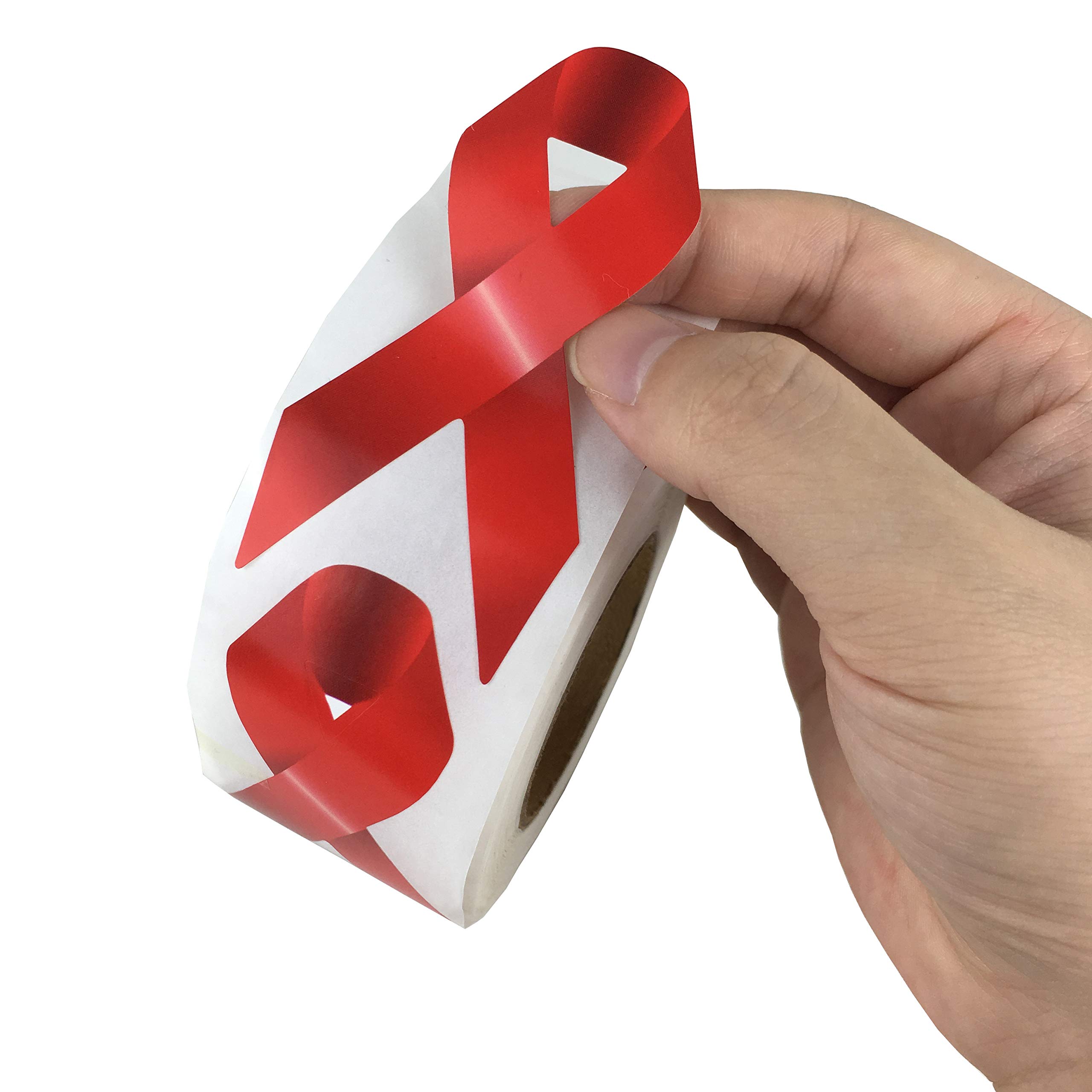 250 pcs Red Ribbon Stickers Envelopes Tag for Cards Awareness Week Adhesive Labels Roll, 3 x 1 1/2 Inches