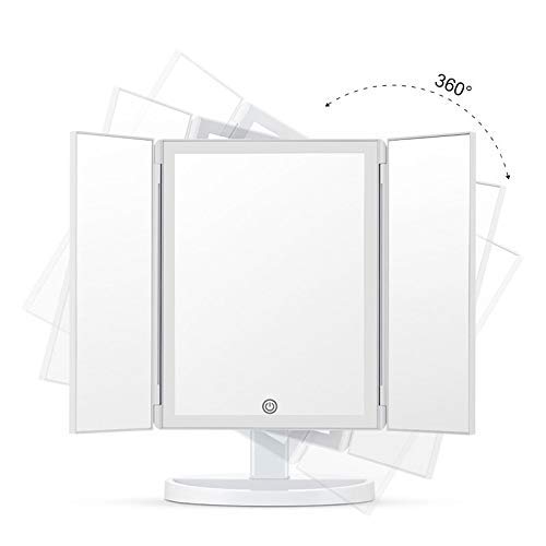KXA Tri-Fold Vanity Mirror, 24 LED Lighted with Touch Screen 1X/2X/3X Magnification and USB Charging Adjustable Brightness and Stand for Makeup
