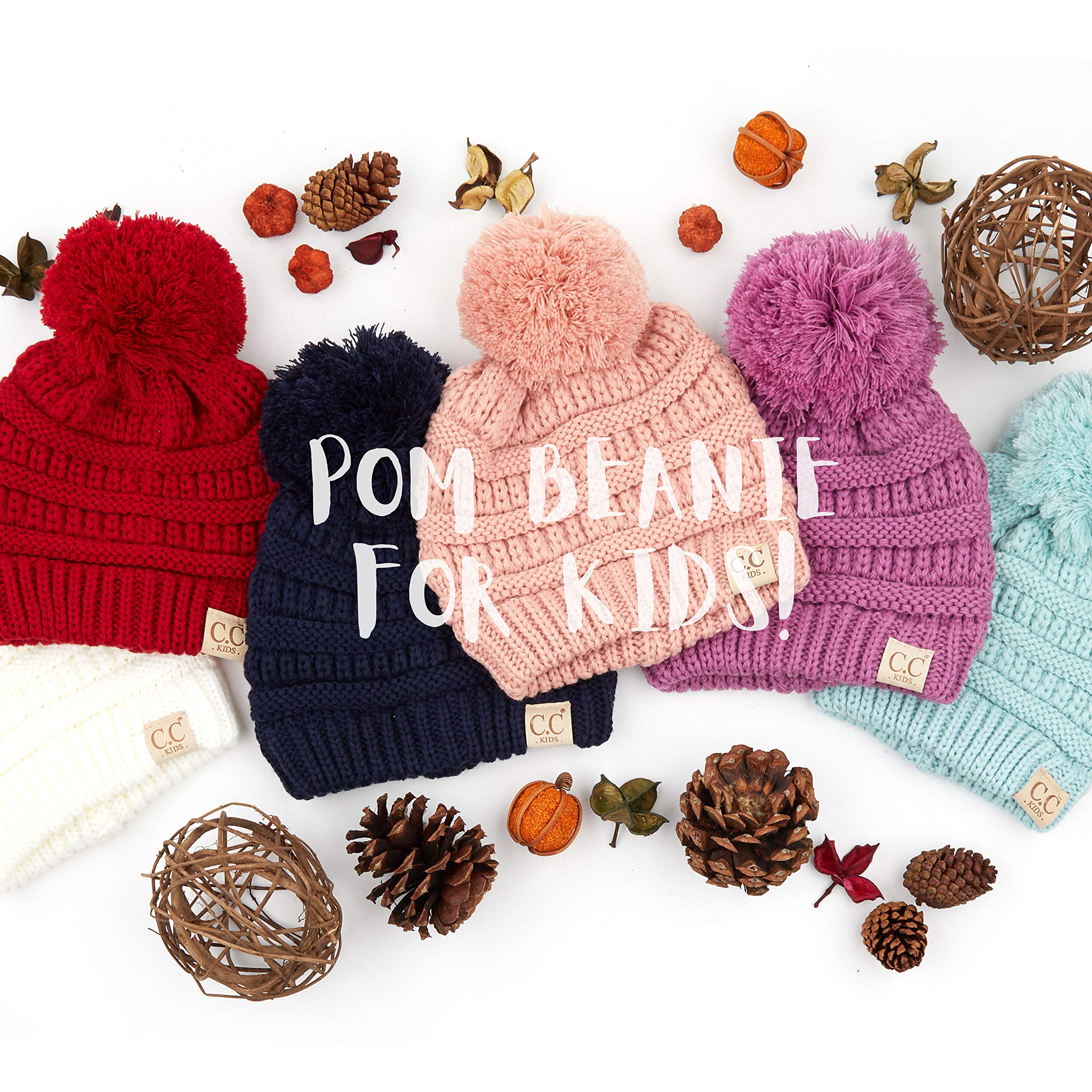 C.C Kids Beanie Ages 2-7 Warm Chunky Thick Stretchy Knit Slouch Beanie Skull Kids Hat with Pom (YJ-847-POM) (Mint)