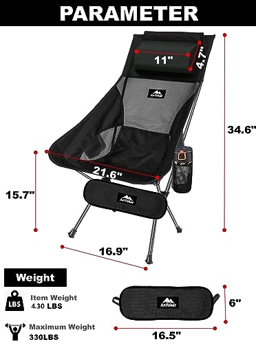 AnYoker Camping Chair, High-Back Compact Backpacking Chair, Portable Folding Chair, Beach Chair with Side Pocket and headrest, Lightweight Hiking Chair 0066 (Black)
