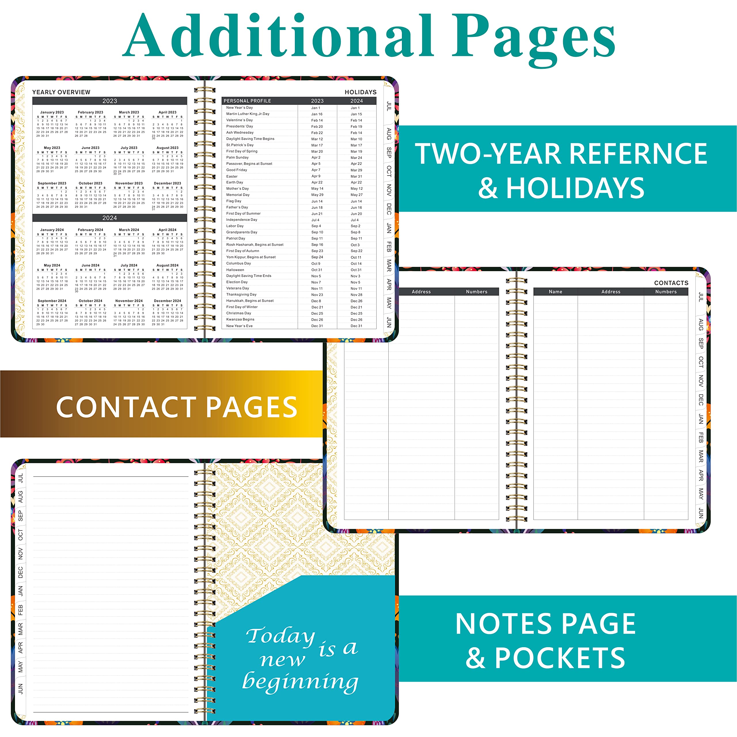 2023 Planner, Jul. 2023 – Jun. 2024, Academic Planner 2023-2024, 8.4" x 6.2" with Weekly & Monthly Spread, Spiral Planner Notebook, Elastic Closure, Inner Pocket, Coated Tabs, Floral