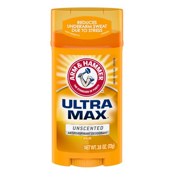 ARM & HAMMER ULTRA MAX Solid Antiperspirant Deodorant, Wide Stick, Unscented, 2.6 oz. (Pack of 5)