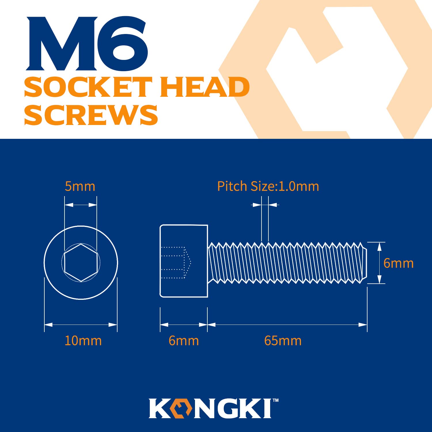 M6-1.0 x 65mm Socket Head Cap Screws Metric, Allen Socket Drive, 304 Stainless Steel (A2-70), Full Thread, Bright Finish, Machine Thread, Quantity 10