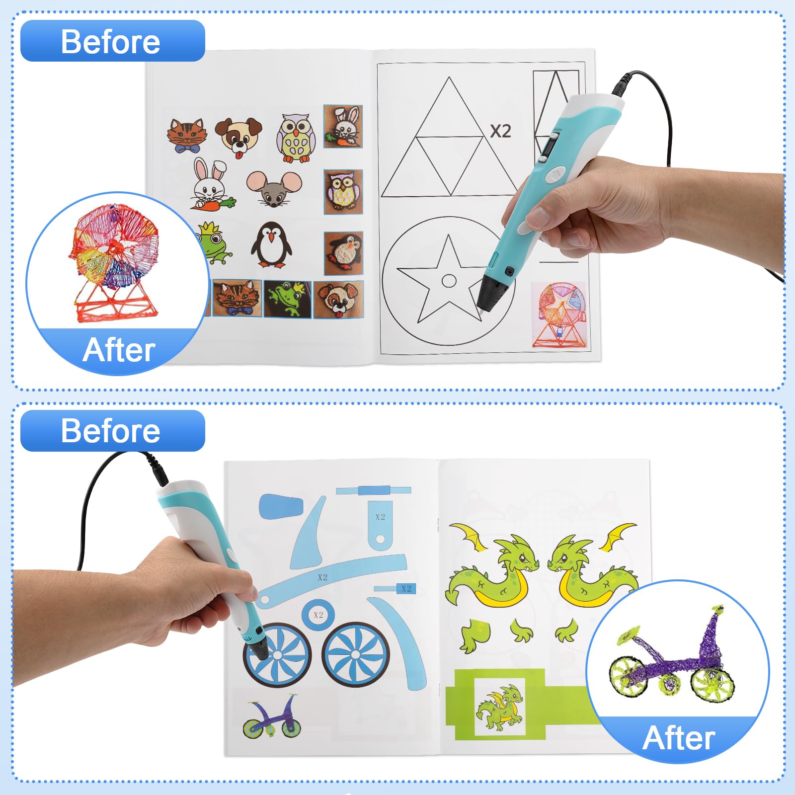 3D Pen Stencils, 20 Pages 40 Patterns 3D Drawing Book Templates, with a Reusable Transparent PVC Drawing Board, 3D Art Pen Accessories for Kids Ages 8-10 and Adults Starter for 3D Printing Pen