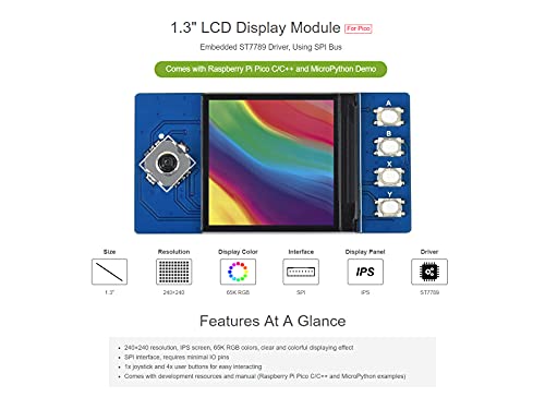 waveshare 1.3inch LCD Display Module for Raspberry Pi Pico 65K RGB Colors 240×240 Pixels SPI Interface Comes with Raspberry Pi Pico C/C++ and MicroPython Demo