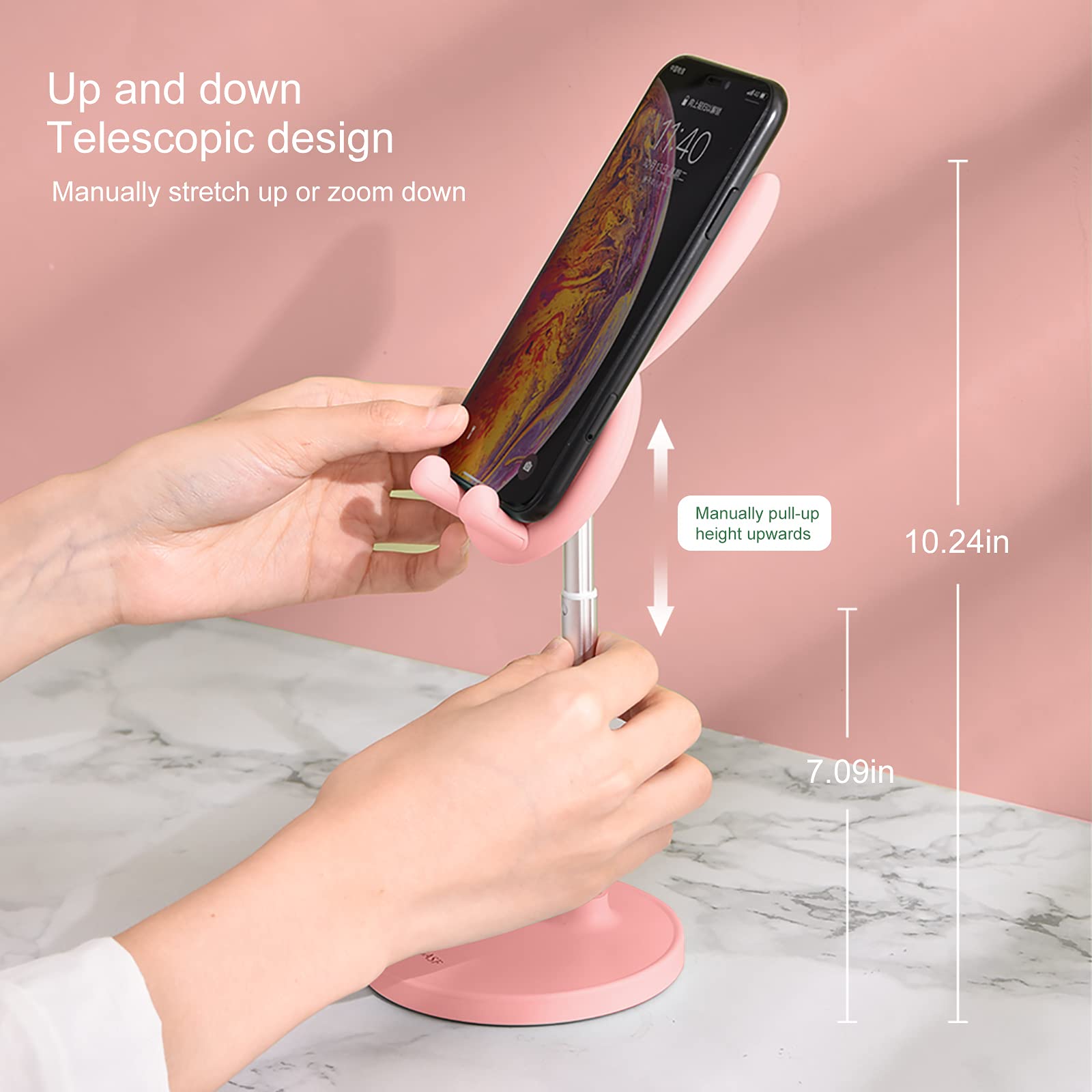 OATSBASF Cell Phone Stand, Adjustable Cute Bunny Phone Stand for Desk, Kawaii Phone Holder Stand, Compatible with All Mobile Phones, iPhone, Kindle, Switch (Pink)