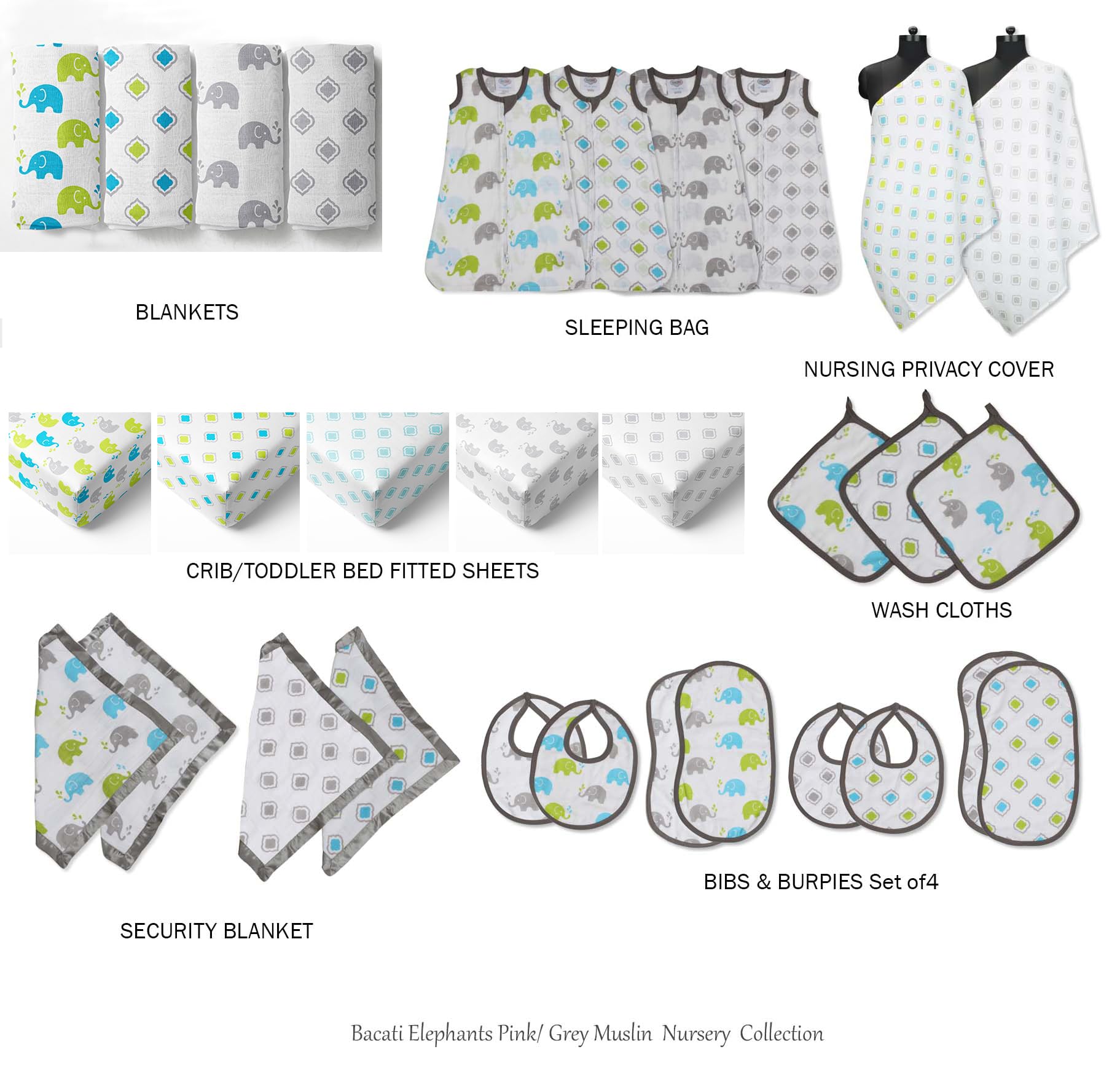 Bacati 2 Piece Elephants Muslin Crib Sheets, Blue/Grey