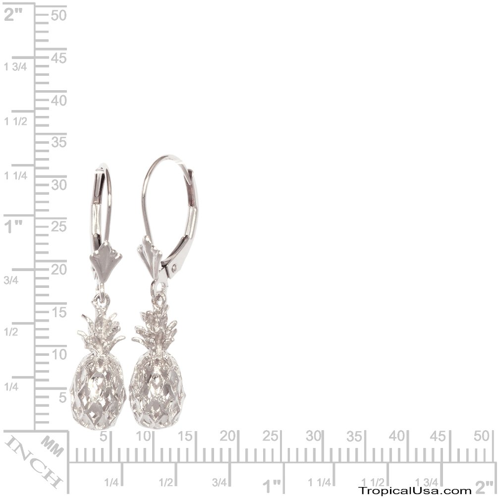 14K Solid White Gold Hawaiian 3D Pineapple Leverback Earrings