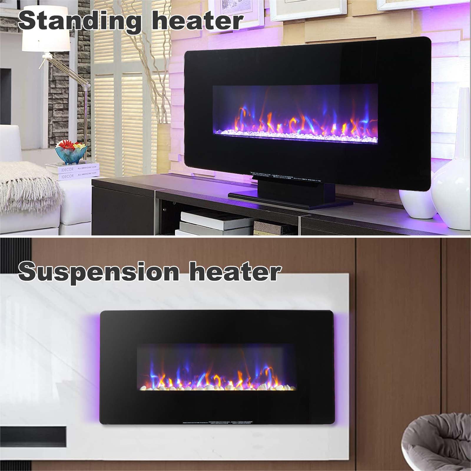 36" Electric Fireplace w/Remote Control, 2 in 1 Wall-Mounted/Freestanding Fireplace Heater w/Timer, Remote Control, Adjustable Flame Color for Bedroom Living Room