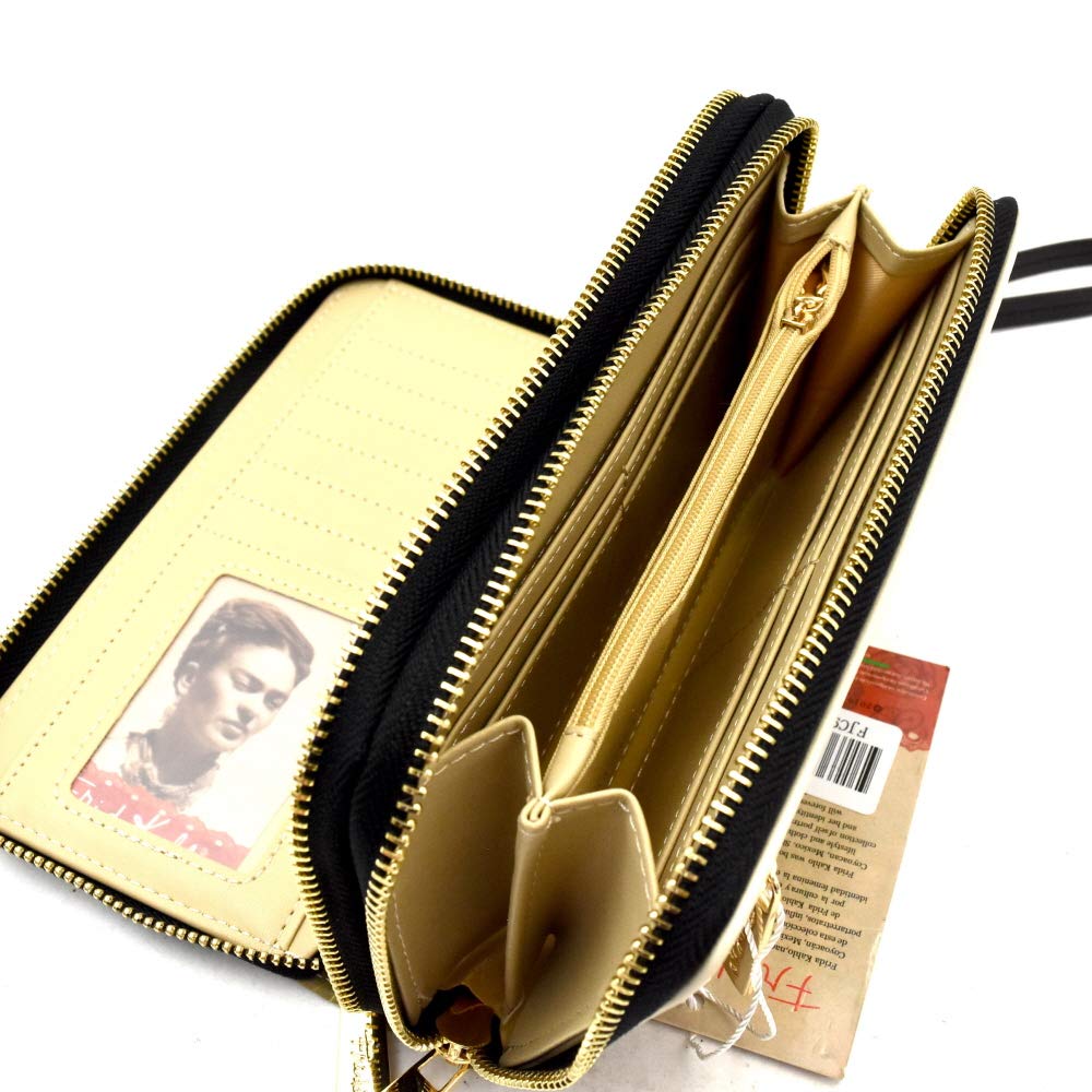 Authentic Licensed Frida Kahlo Picture PU Leather Double Zipper Wristlet Wallet (Baby Frida Cartoon Theme - Beige/Black)