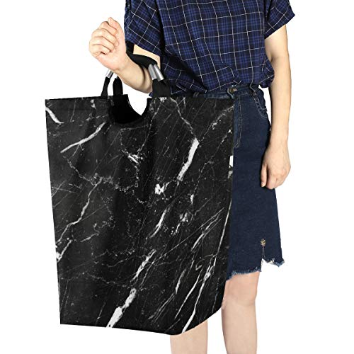 Kaariok White and Black Marble Art Print Laundry Hamper with Handles Waterproof Collapsible Storage Basket Large Dirty Clothes Sorter for Laundry Room, 22.7 Inches