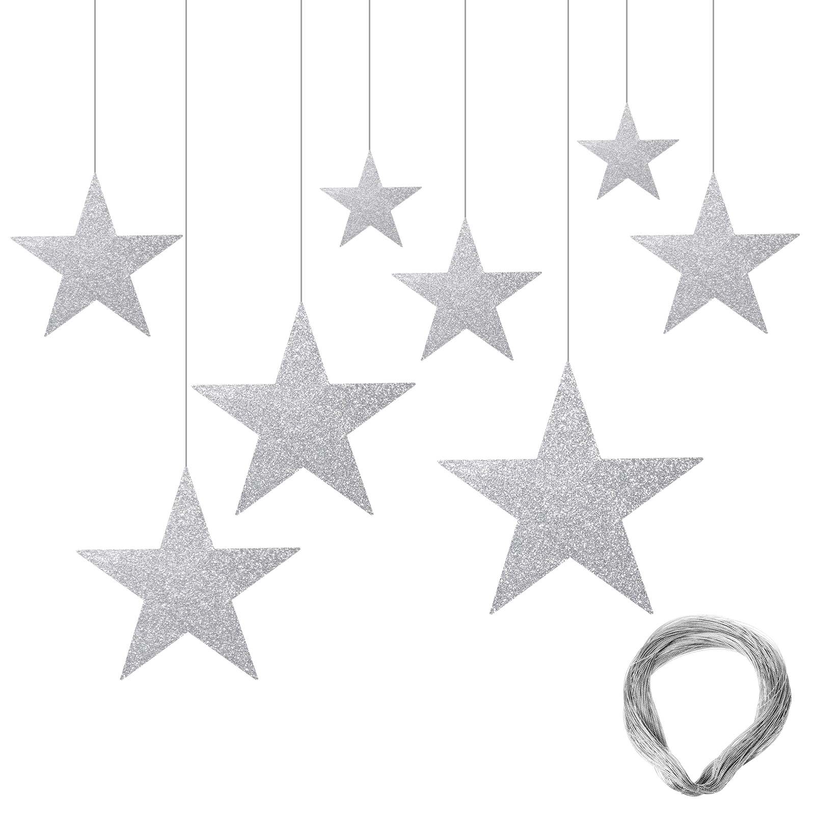 24 Pcs Silver Cardboard Stars Silver Glitter Stars Cutouts for Party Decoration 4 Sizes Glitter Star Cardboard with Nylon String Double Printed Paper Star Decorations for Wedding Wall Decor