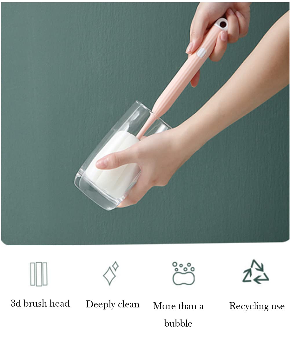AKOAK 1 Pack Sponge Cleaning Brush, Plastic Handle Baby Bottle Brush, 360 Degree Rotation, Suitable for Goblet, Tea Cup, Household Cleaning Tool (Pink)