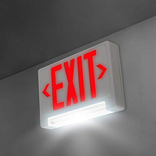 LFI Lights | Compact Combo Red Exit Sign with Emergency Lights | White Housing | All LED | Adjustable Light Bar | Hardwired with Battery Backup | UL Listed | (2 Pack) | COMBOLP-R