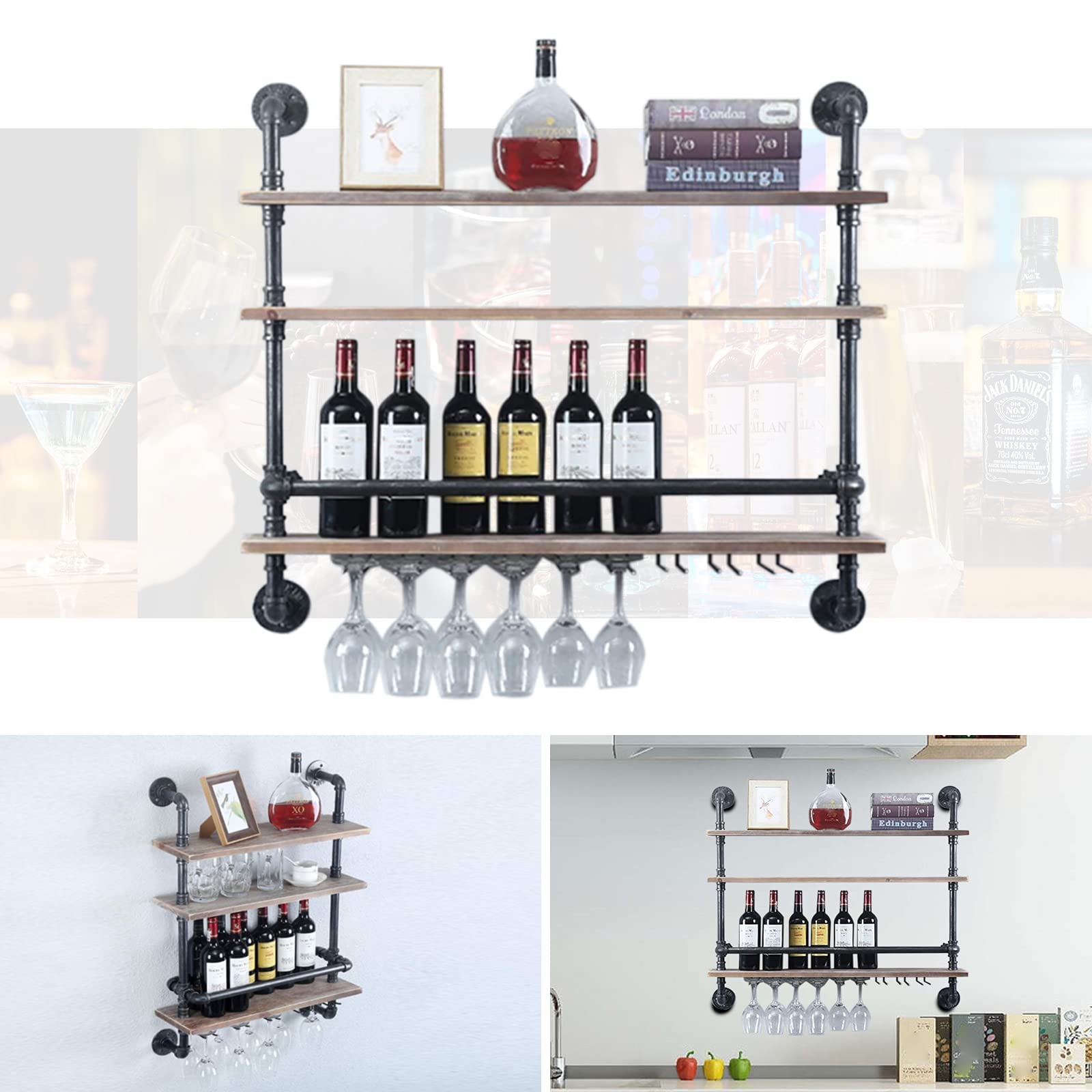 36"Wall Mounted Wine Rack with Shelf &Bottle Glass Holder,Hanging Industrial Pipe Shelves Floating Bar Shelves Rustic Wood Wine Shelf Wall Shelf Storage Unit Shelving Farmhouse Wine Glass Rack