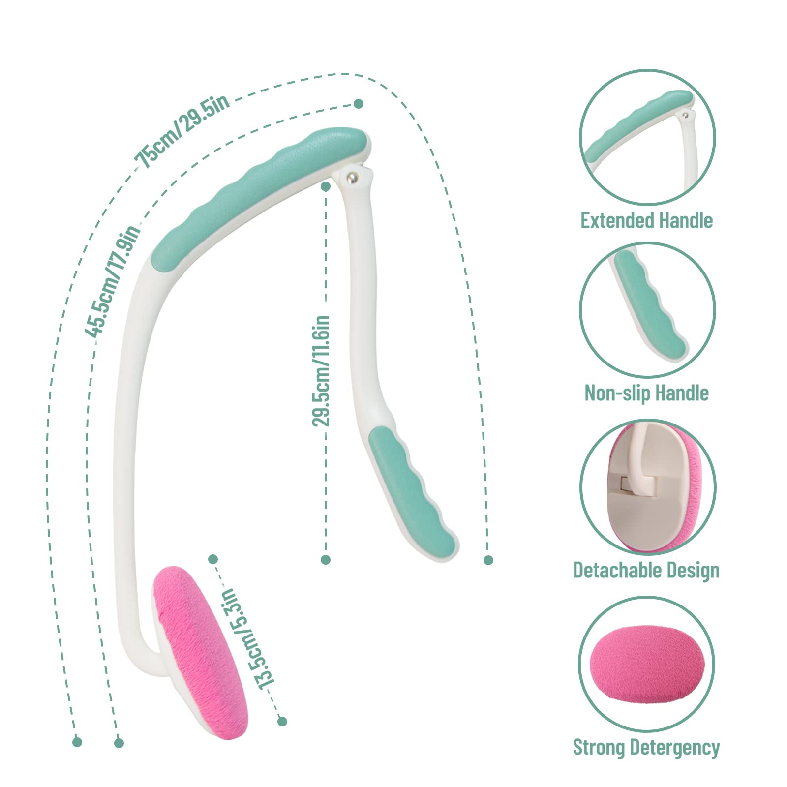 Back Scrubber for Shower, 29.5 in Bath Brushes Long Handles for Elderly, Detachable Curved Back Scrubber, Back Brush for Disabled with Limited Arm Movement, Frozen Shoulder, Men and Women