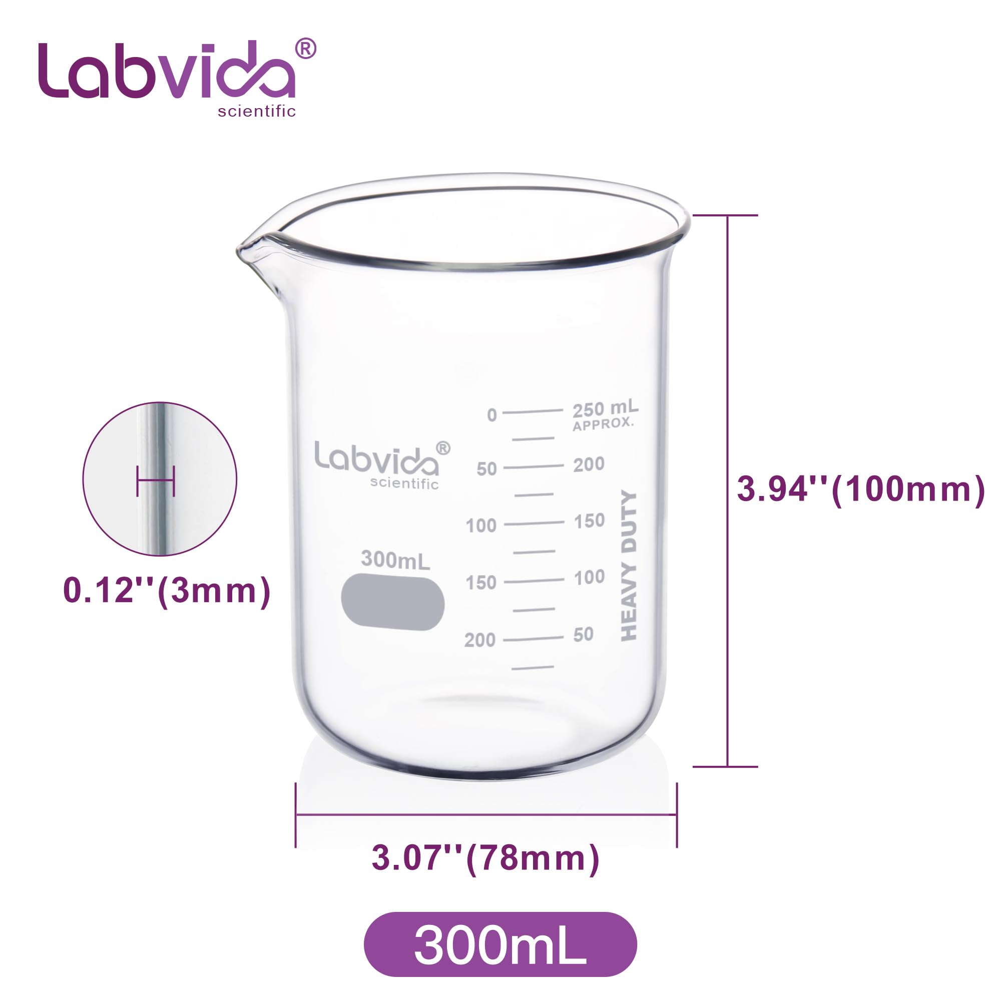 Labvida 6pcs 300ml Upgrated Thick Glass Beakers, Griffin Low Form Beaker Set with Double Scale, 3.3 Boro,LVA021