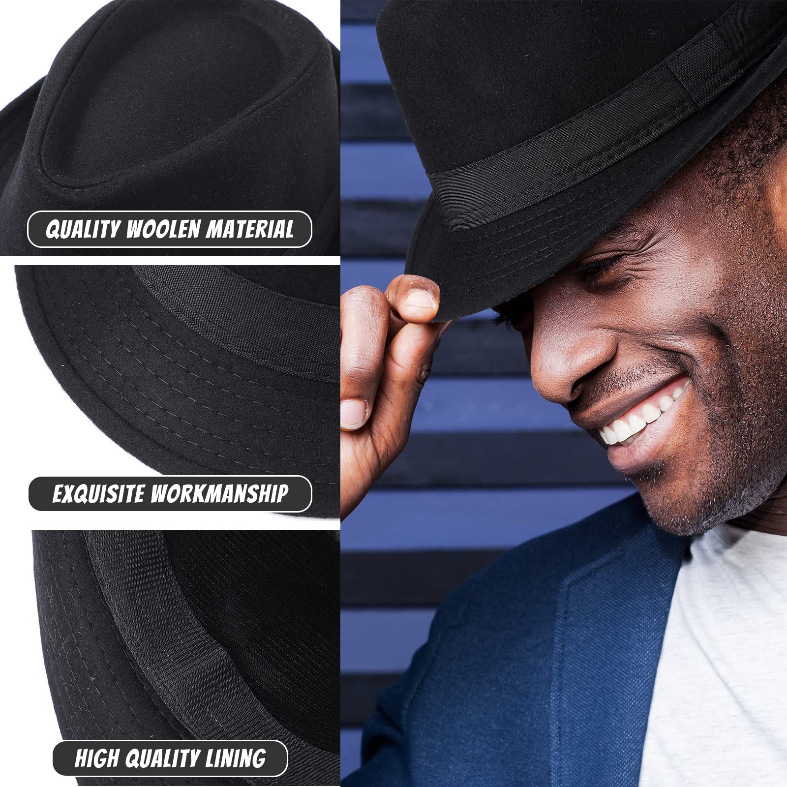 16 Pcs Straw Hats 1920s Classic Hats Short Brim Hat Summer Hats for Man Women Straw Hats Panama Hat (Black, Woolen)