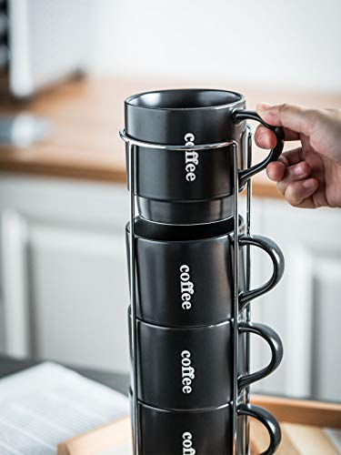 LAUCHUH Stackable Coffee Mug Set with Rack - 15 Ounce for Coffee, Tea, Cocoa, Milk, Set of 4, Father Day Gifts, Black Matte,Black