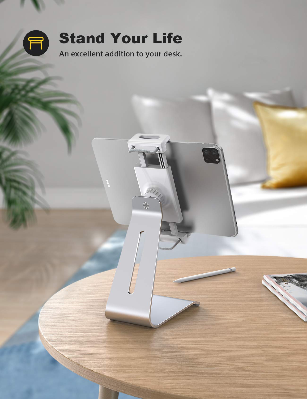 Lamicall Tablet Stand, Adjustable Tablet Holder Dock - 360 Degree Rotating Tablet Mount, Desktop Tablet Dock, Compatible with iPad Pro, Mini, Air, Galaxy Tabs, Kindle and 5.5-8.6" Wide Tablet - Silver