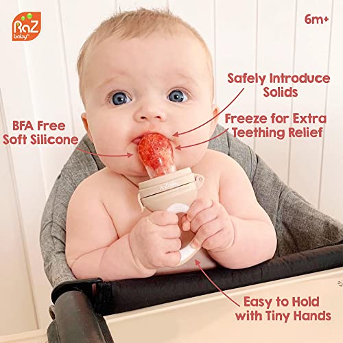 RaZbaby Baby Solids/Frozen Fruit Feeder Pacifier, Infant Teether Toy 6M+, BPA-Free Silicone Pouch & Nipple, Safely Introduce Solids, Teething Relief, Dishwasher Safe, Freezable, 2-Pack β Grey & Tan