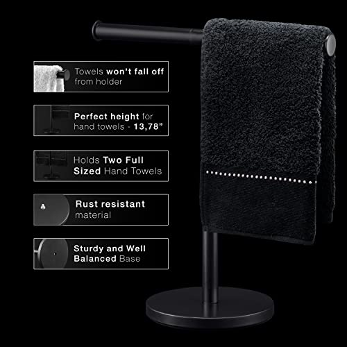 Debodda Modern Hand Towel Stand for Bathroom, Kitchen or Vanity, Height 13.78β, Free Standing Matte Black Countertop Rack with Balanced Base, Perfect Hand Towel Holder, Dual Washcloth Display
