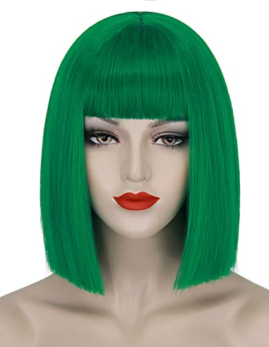 Juziviee Green Wigs for Women 12'' Short Green Bob Wig with Bangs Natural Cute Soft Synthetic Wigs for Party St Patricks Day AD016DGR