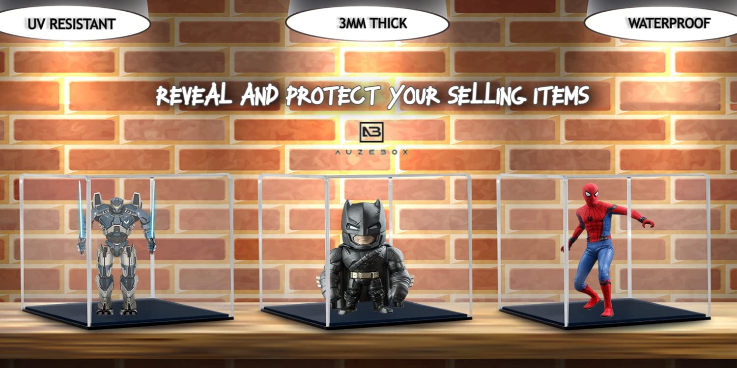 AUZEBOX Acrylic Display Case with Black Base- Highly Transparent, Dustproof and Clear Vision Lego Display Case for Action Figures, Legos, Trophy, Model Cars, and Any Toy Collectables 4x4x4 Inches
