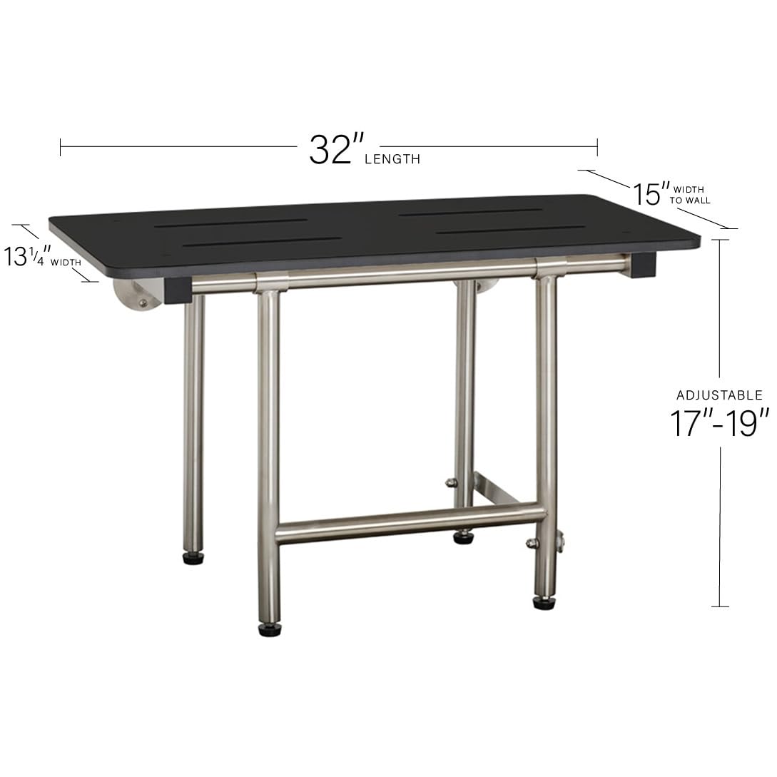 32-inch x 15-inch ADA Bariatric Folding Wall Mount Bathroom Shower Seat Bench with Legs, Matte Black Phenolic Seat