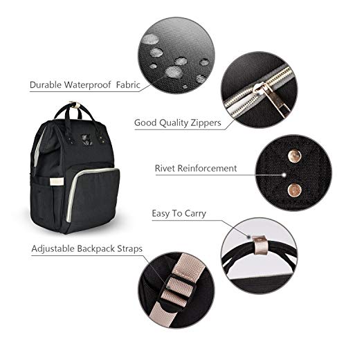 Arolly Multi-Function Waterproof Diaper Bag Travel Backpack Nappy Tote Bags for Baby Care, Large Capacity, Stylish and Durable (Black)
