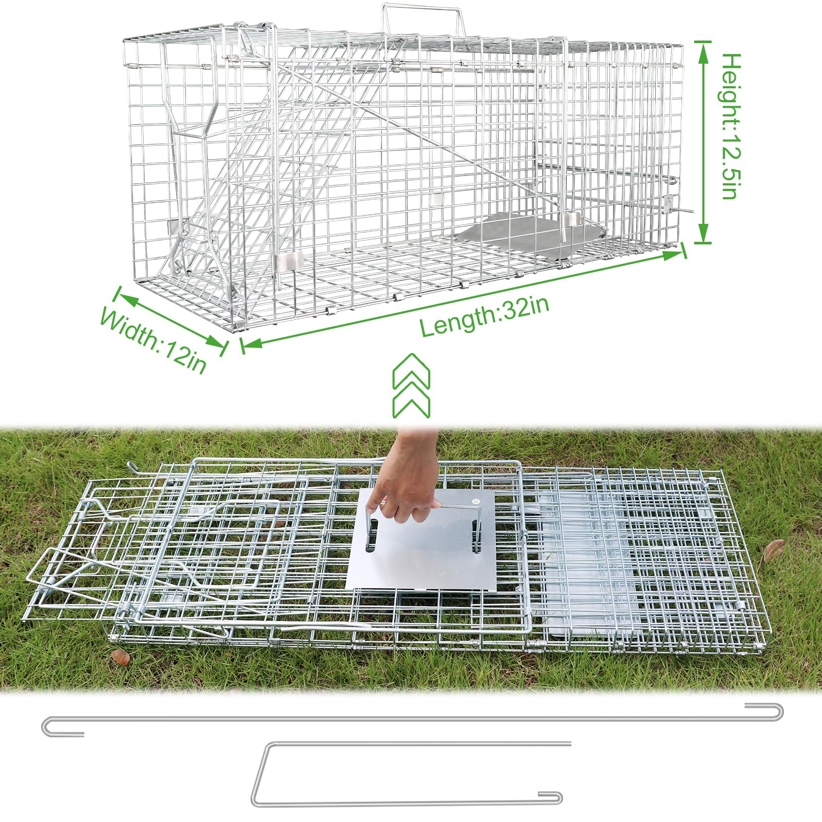 32" Live Animal Cage Trap, Humane Cat Trap Galvanized Iron,Heavy Duty Folding Animal Trap with Handle for Rabbits, Stray Cats, Raccoons,Groundhogs and Opossum(32 * 12 * 12.5inch)