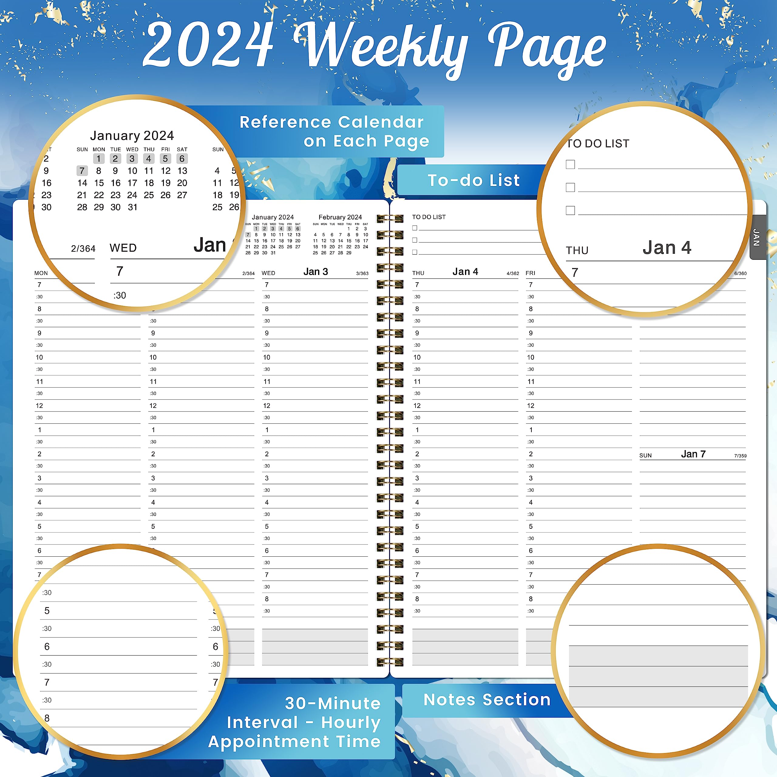 2024 Appointment Book - 2024 Daily Hourly Planner, 8" x 10", January 2024 - December 2024, Appointment Book 2024 with 30-Minute Interval + Thick Paper + Twin-Wire Binding + Printed Tabs - Indigo