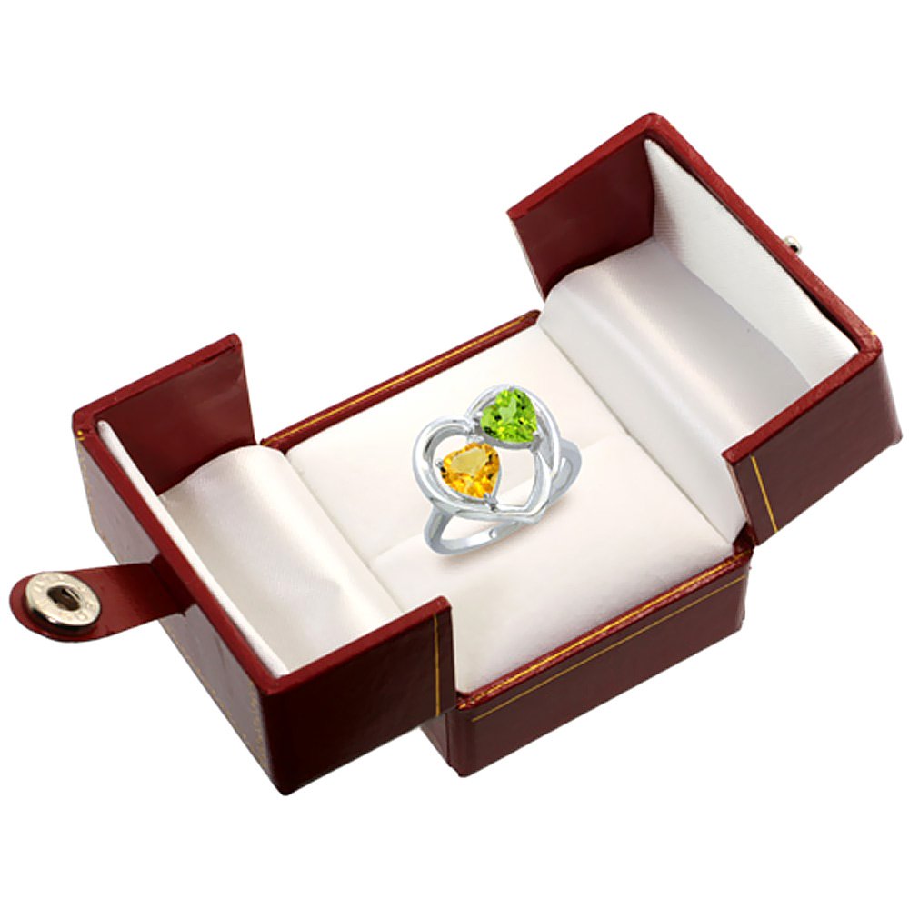 14K White Gold Diamond Two-stone Heart Ring 6mm Natural Citrine & Peridot, size 10