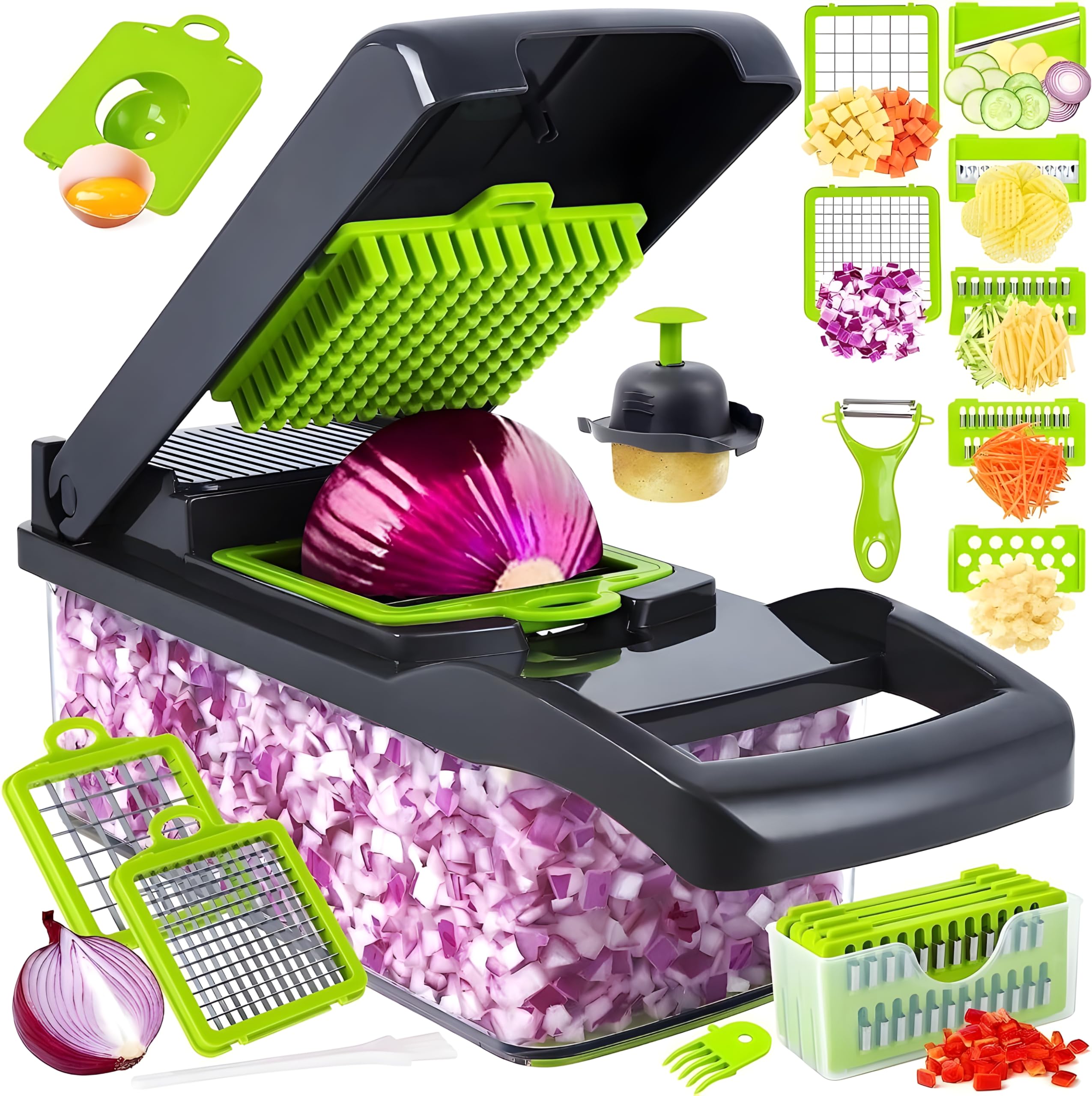 16-in-1 Vegetable Chopper, 8 Blades Veggie Chopper, Practical Onion Chopper with Container, Cheese Slicer, Food Chopper, Salad Chopper, Mandoline Slicer & Cheese Grater For Kitchen(Grey)
