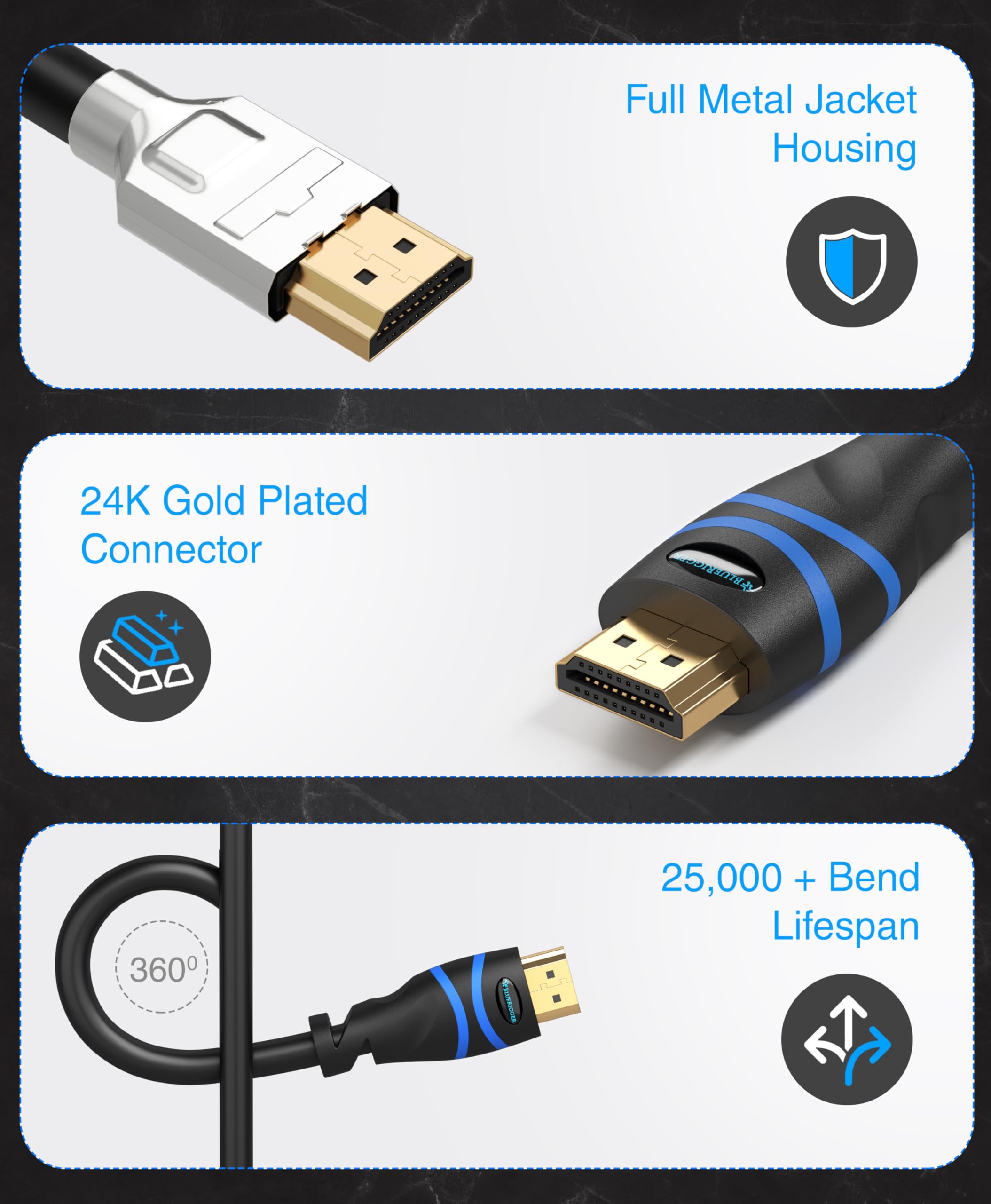BlueRigger 4K HDMI Cable with Signal Booster (50FT, 4K 60Hz, in-Wall CL3 Rated) - Compatible with PS5, PS4, Xbox, Roku, Apple TV, HDTV, Blu-ray, PC