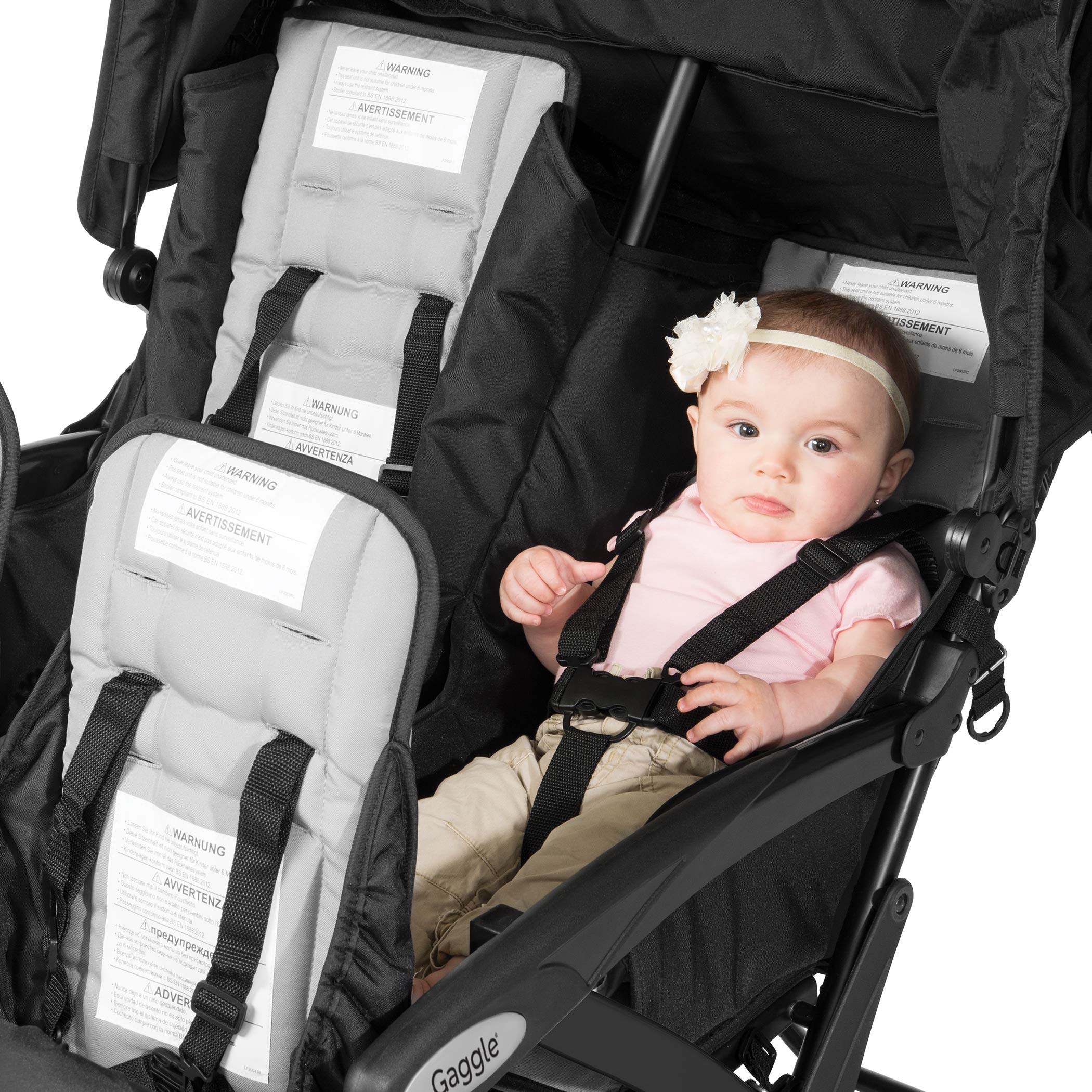 Gaggle by Foundations Compass Quad 4 Seat Stroller | 4-Seat Stroller for Daycare | 4-Seat Quad Stroller with Oversized UV Blocking Canopy | 5-Point Harness | Easy Loading | Storage Bucket | Black