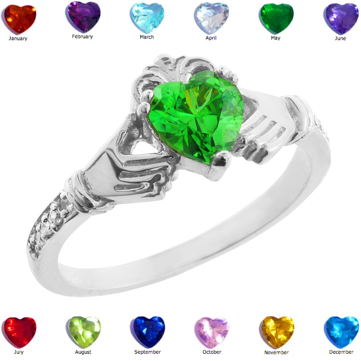 14k White Gold Emerald Green Heart CZ May Birthstone Claddagh Ring with Natural Diamonds (Size 6)