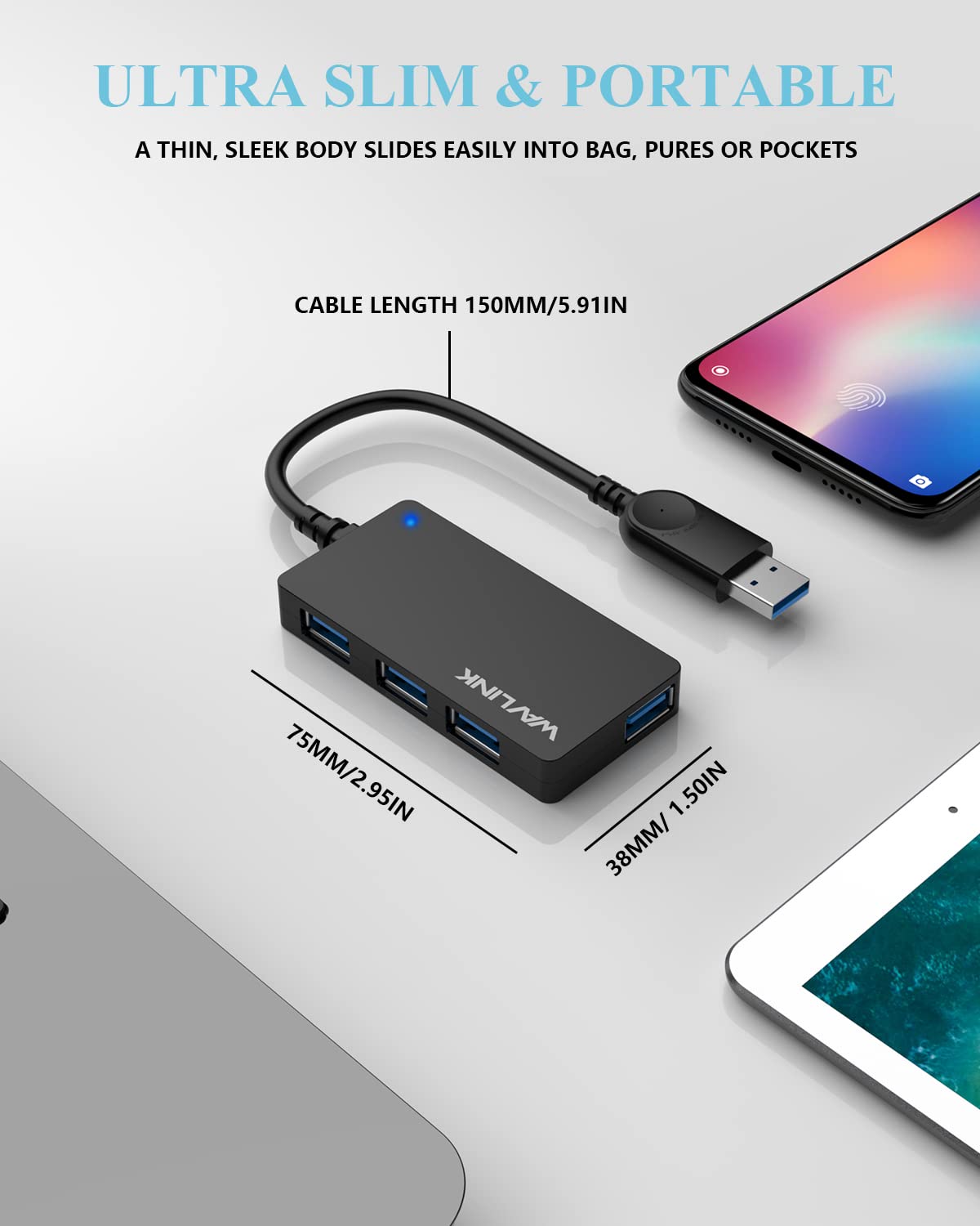 4-Port USB Hub 3.0, WAVLINK USB Splitter for Laptop, Ps4 Keyboard and Mouse Adapter for Dell, Asus, HP, MacBook Air, Surface Pro, Acer, Xbox, Flash Drive, HDD, Console, Printer, Camera