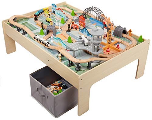 Amazon Basics 120 Piece Wooden Train Set and Table-kids Gift for Age 3Y+, Multi, 48.62 x 18.07 x 7.01 inches