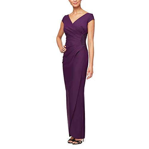 Alex Evenings Women's Slimming Long Cap Sleeve Dress with Side Beaded Detail, Summer Plum, 16