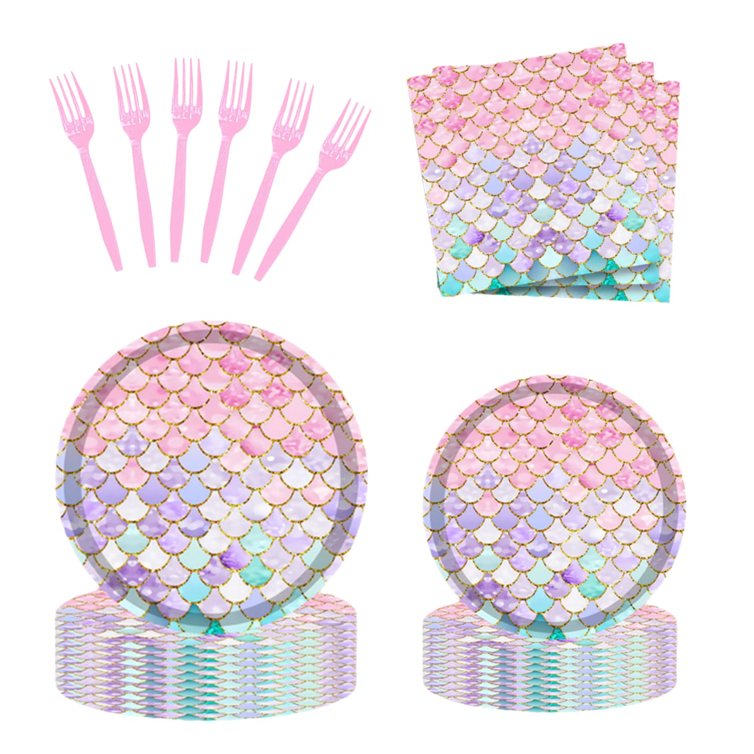 96 Pcs Mermaid Birthday Party Supplies Plates and Napkins Set for 24 Guests, Little Mermaid Party Decorations Ocean under the Sea Party Tableware Plate, Fork, Napkins for Princess Girls Baby Shower