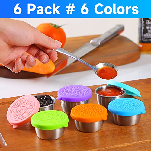 6 Pack 1.6 OZ Salad Dressing Containers To Go, Advanced Stainless Steel Condiment Containers with Silicone Lids Easy to Open, Leakproof colorful Compact Salad Sauce Cups Easy to Carry Everyday