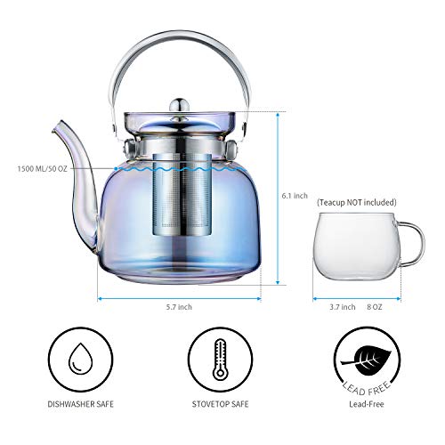 E-liu 50 oz(1500ml) Glass Teapot Kettle with Lid, Removable Stainless Steel Infuser and Handle, Stovetop Safe Tea Maker for Blooming and Loose Leaf Tea(Iridescent)