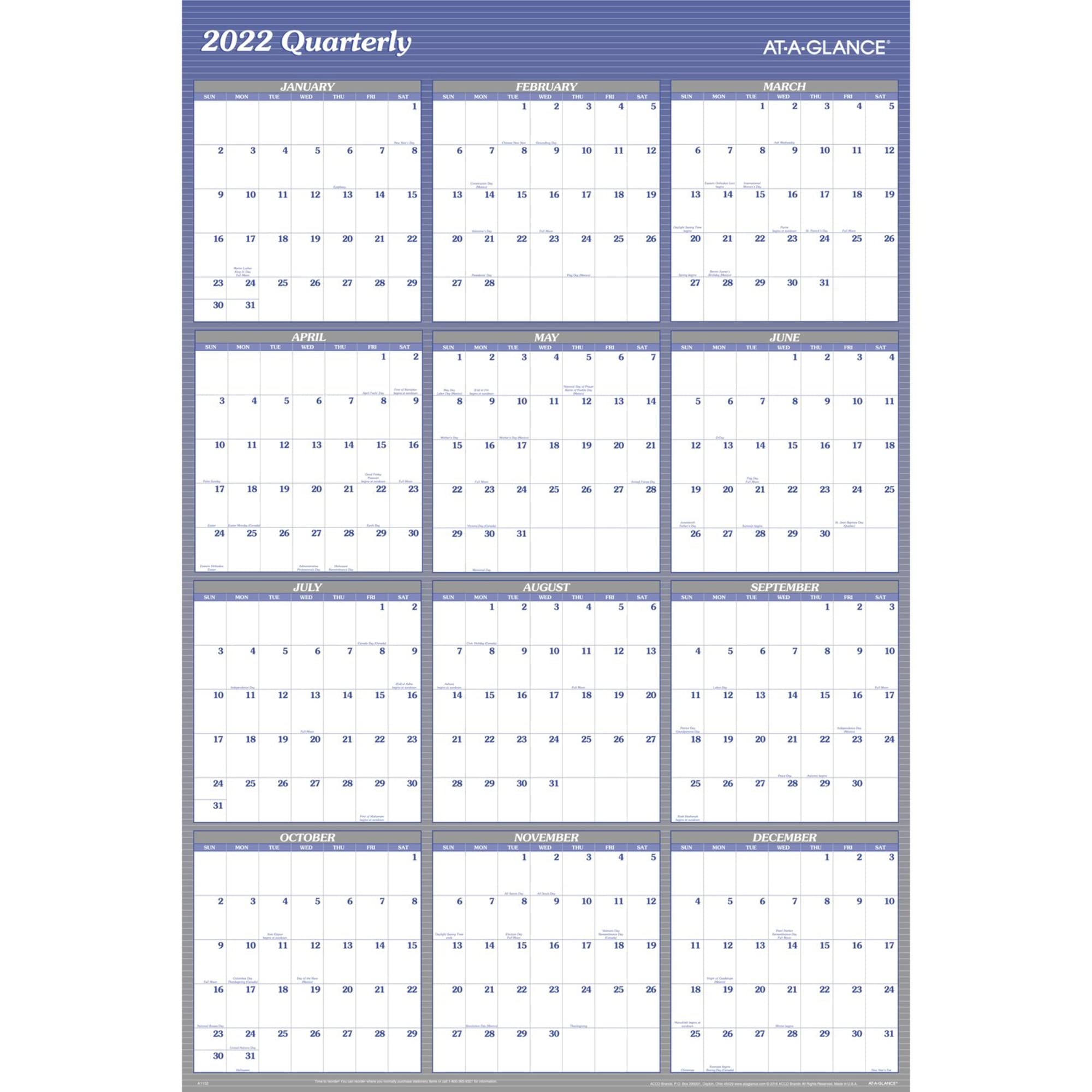 2022 Erasable Calendar, Dry Erase Wall Planner by AT-A-GLANCE, 48" x 32", Jumbo, Vertical/Horizontal, Reversible, Blue (A1152)
