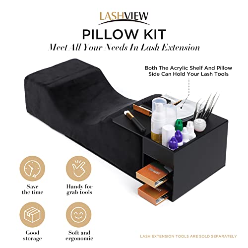 LASHVIEW Lash Pillow for Lash Extensions,Eyelash Extension Neck Pillow With Acrylic Shelf Organizer Stand, PU Leather Waterproof Lash Extension Grafting Pillow Makeup Tool Display Cabinet Shelves