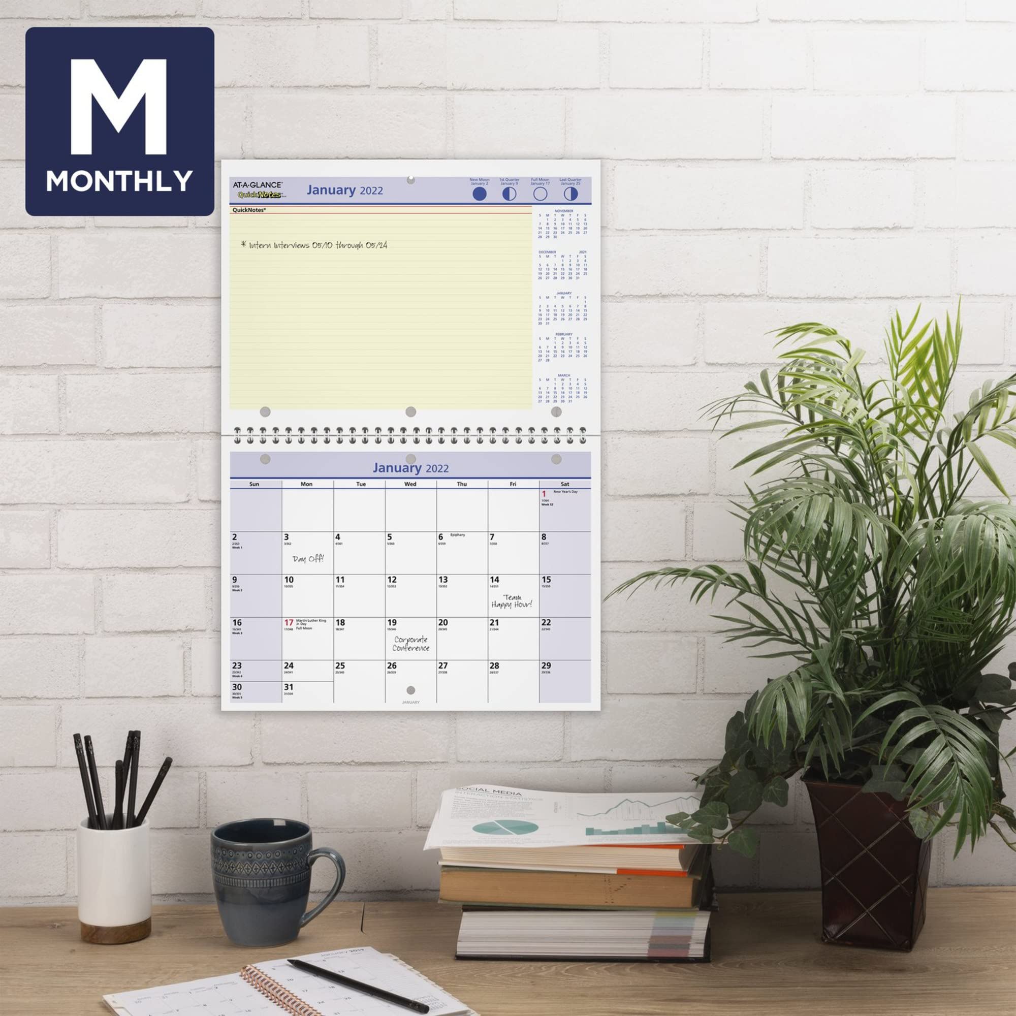 2022 Erasable Calendar, Dry Erase Wall Planner by AT-A-GLANCE, 16" x 12", Medium, Reversible, Monthly/Yearly, QuickNotes (PM550B28)
