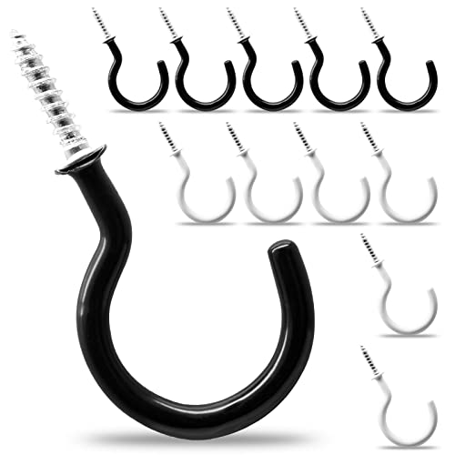 Biaungdo 2 Inch Metal Screw-in Hooks, Black and White Ceiling Cups Hooks for Hanging, 12 Pcs