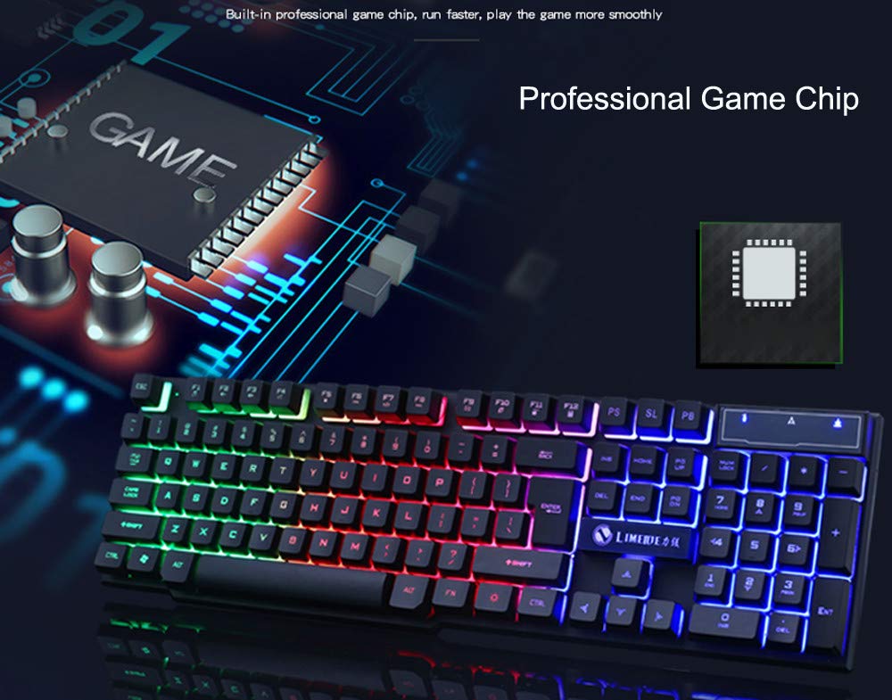 Amaping Backlit LED Wired Gaming Keyboard, Mechanical Feeling USB Keyboard with Backlight Rainbow RGB Multicolor Water-Resistant Adjustable Illuminated Computer Keyboard for PC Games Office (Black)