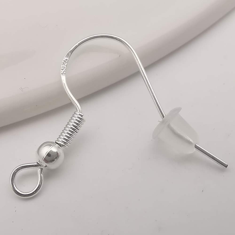 200 PCS/100 Pairs 925 Silver Hypo-allergenic Earring Hooks Fish Hook Ear Wires French Wire Hooks Jewelry Findings Earring Parts DIY Making with 200 PCS Clear Rubber Backs (11783)